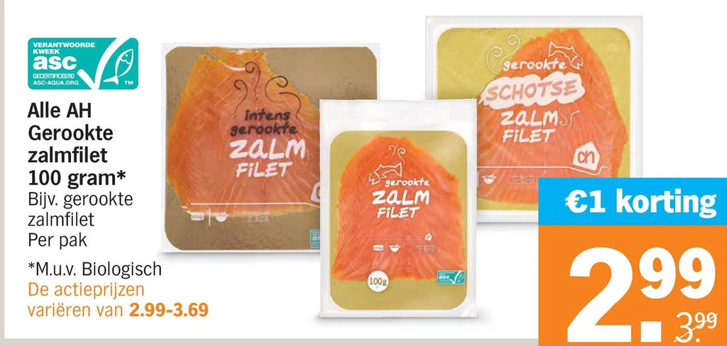 Alle ah gerookte zalmfilet 100 gram* aanbieding bij Albert Heijn