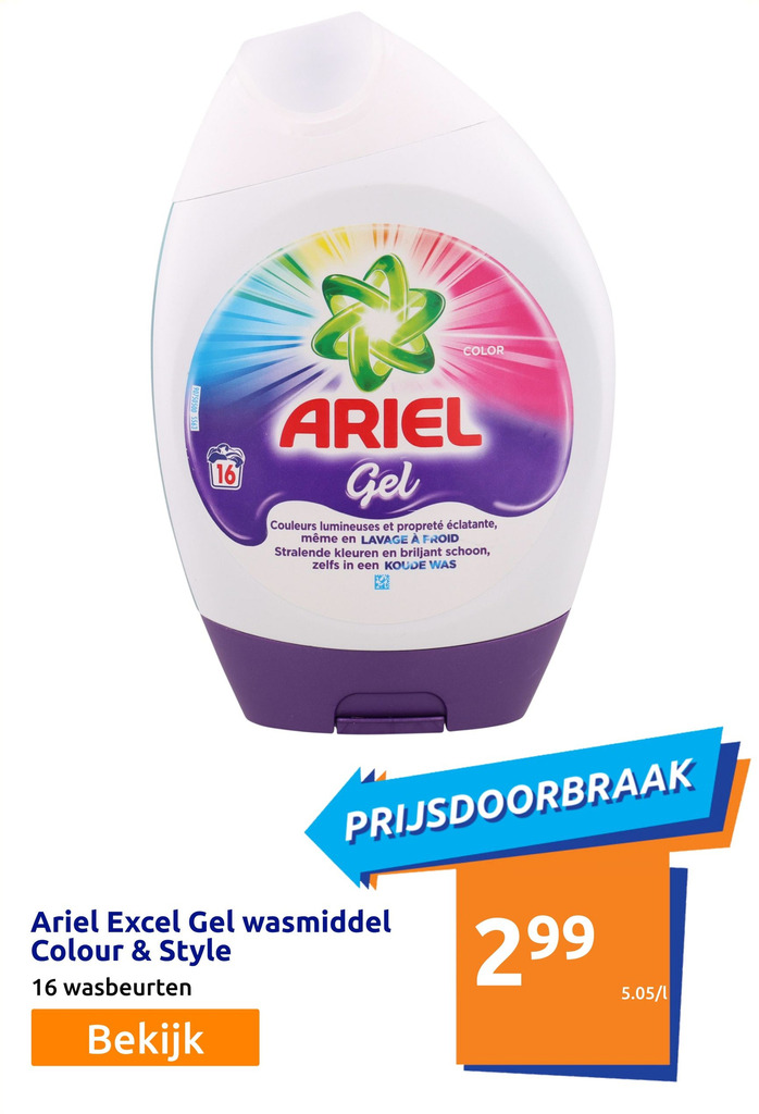Ariel Excel Gel wasmiddel Colour & Style aanbieding bij Action