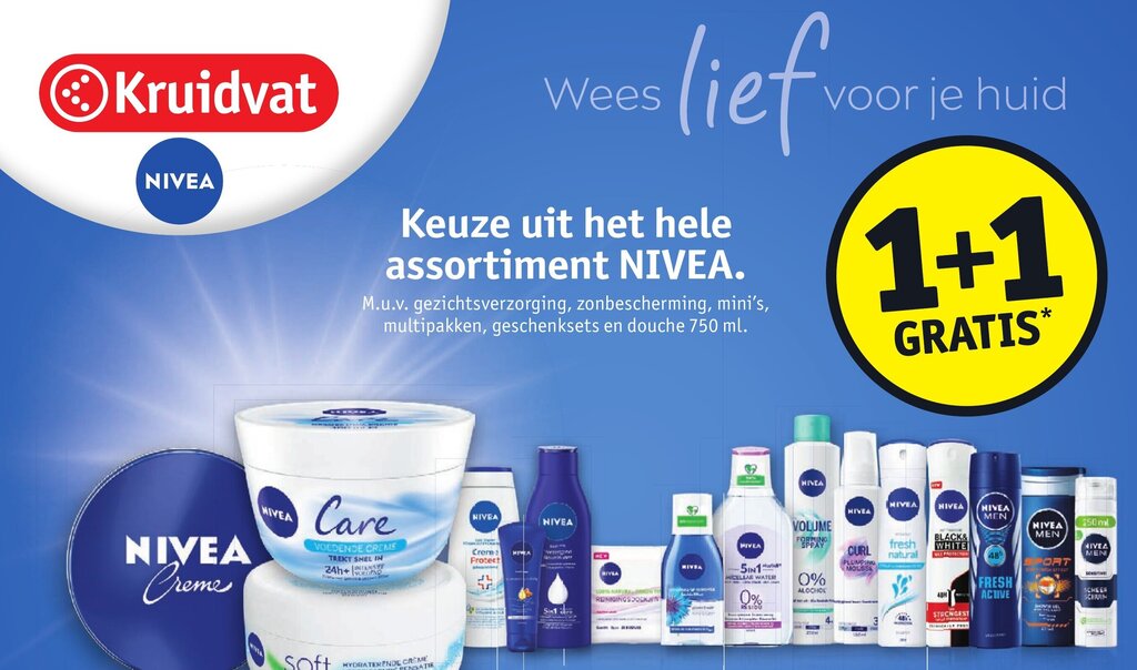 Keuze uit het hele assortiment NIVEA 1+1 gratis aanbieding bij Kruidvat
