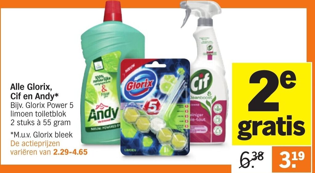 Alle Glorix, Cif en Andy* 2e gratis aanbieding bij Albert Heijn