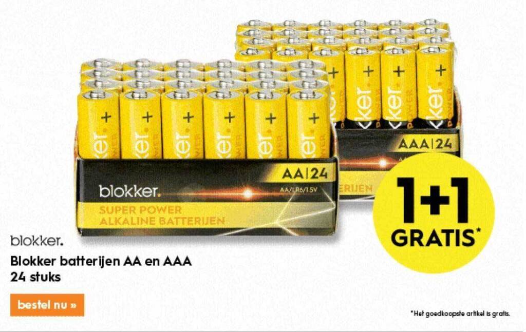 Blokker batterijen aa en aaa 24 stuks 1+1 gratis aanbieding bij Blokker