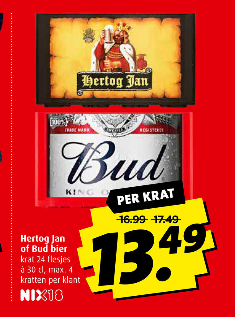 Hertog Jan of Bud bier per krat aanbieding bij Boni