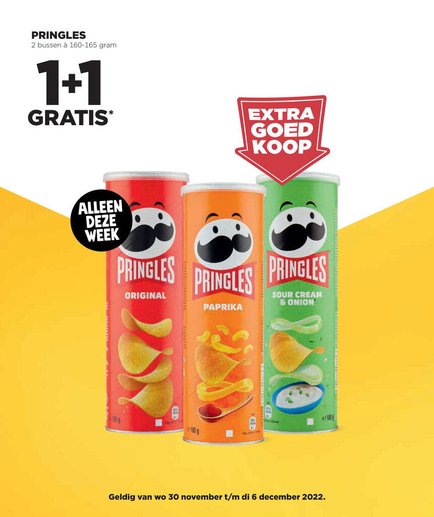 Pringles 2 bussen a 160-165 gram 1+1 Gratis aanbieding bij Jumbo
