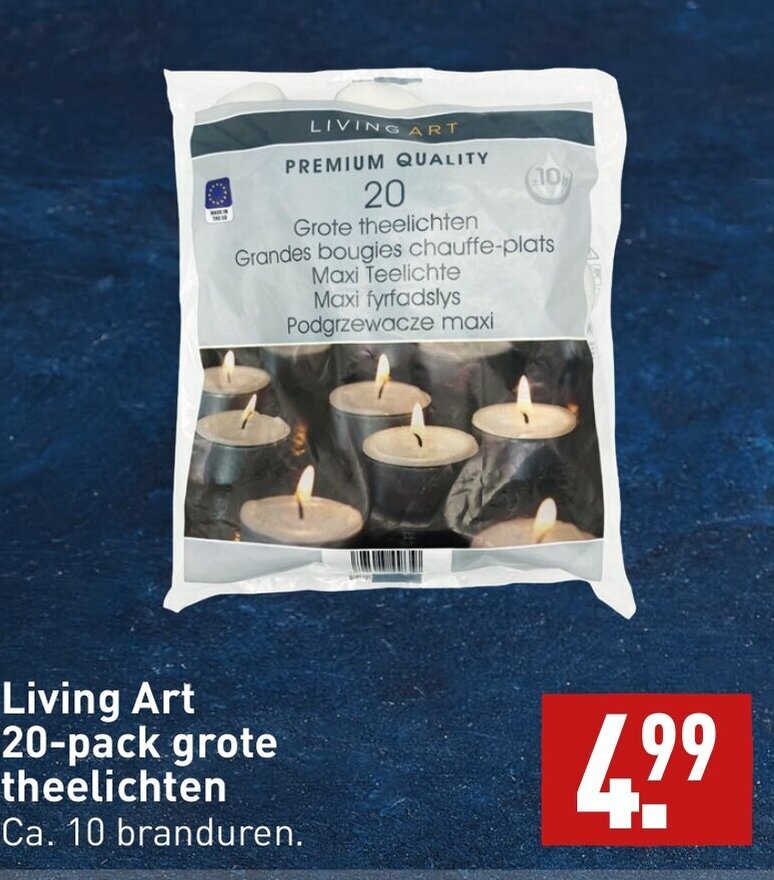 Living art 20-pack grote theelichten aanbieding bij ALDI