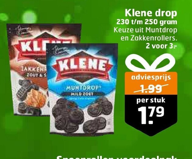Klene drop 230 t/m 250 gram aanbieding bij Trekpleister