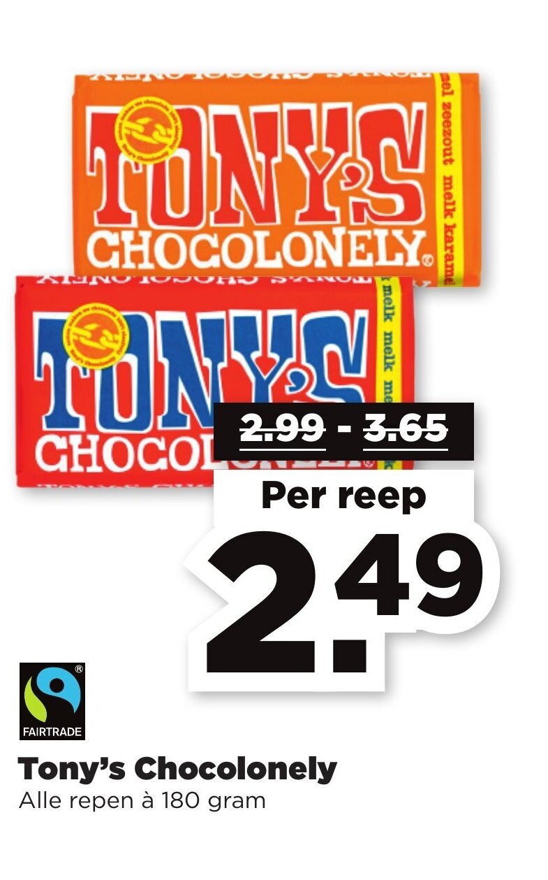Tony's Chocolonely 180 gram aanbieding bij PLUS