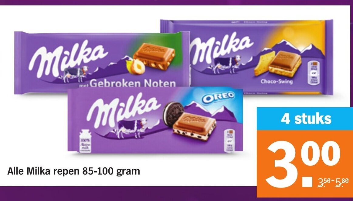 Alle Milka repen 85-100 gram 4 stuks aanbieding bij Albert Heijn