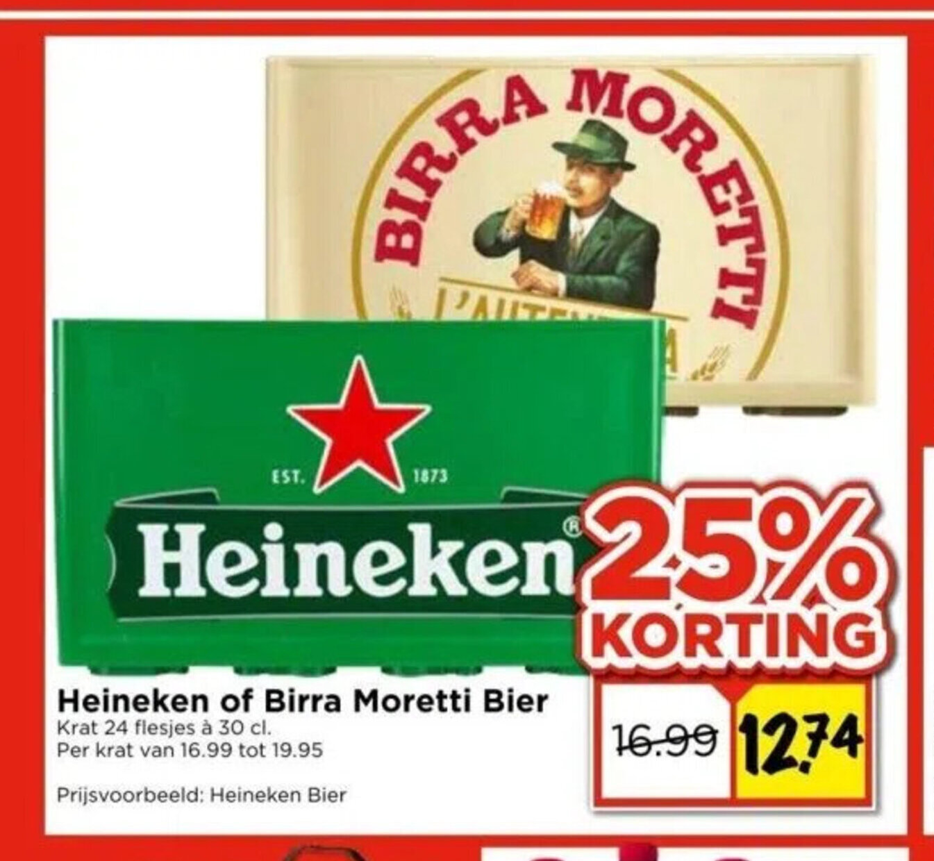 Heineken of Birra Moretti Bier krat 24 flesjes a 30 cl aanbieding bij Vomar