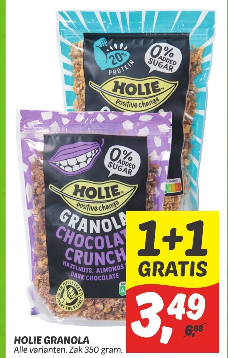 Holie granola 350g 1+1 gratis aanbieding bij Dekamarkt