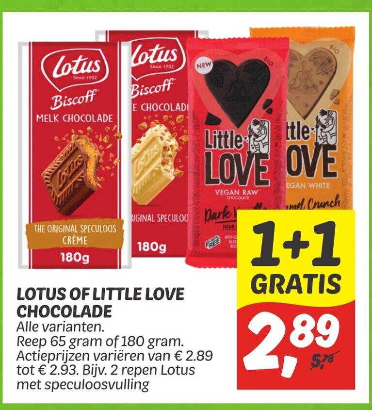 Lotus of little love chocolade 65g 1+1 gratis aanbieding bij Dekamarkt