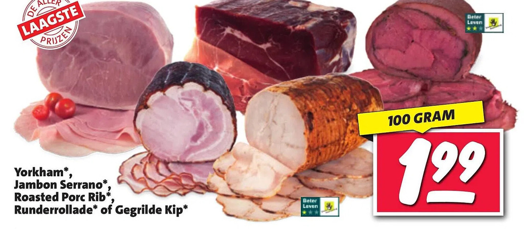 Yorkham*, jambon serrano*, roasted porc rib* runderrollade* of gegrilde ...