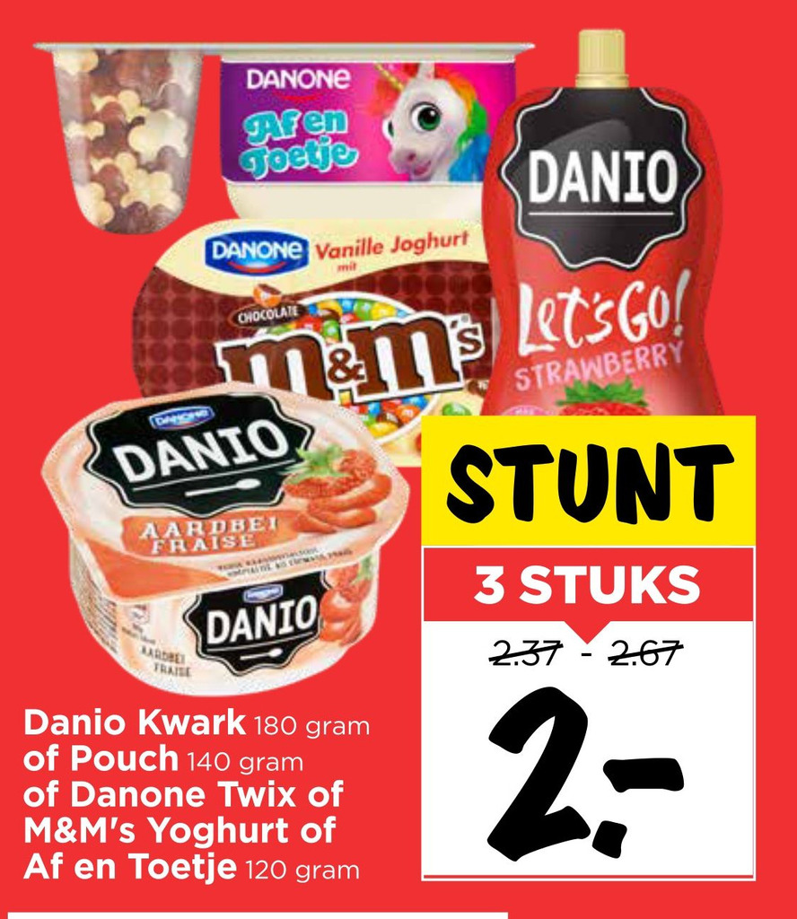 Danio Kwark 180 gram of Pouch 140 gram of Danone Twix of M&M's Yoghurt ...