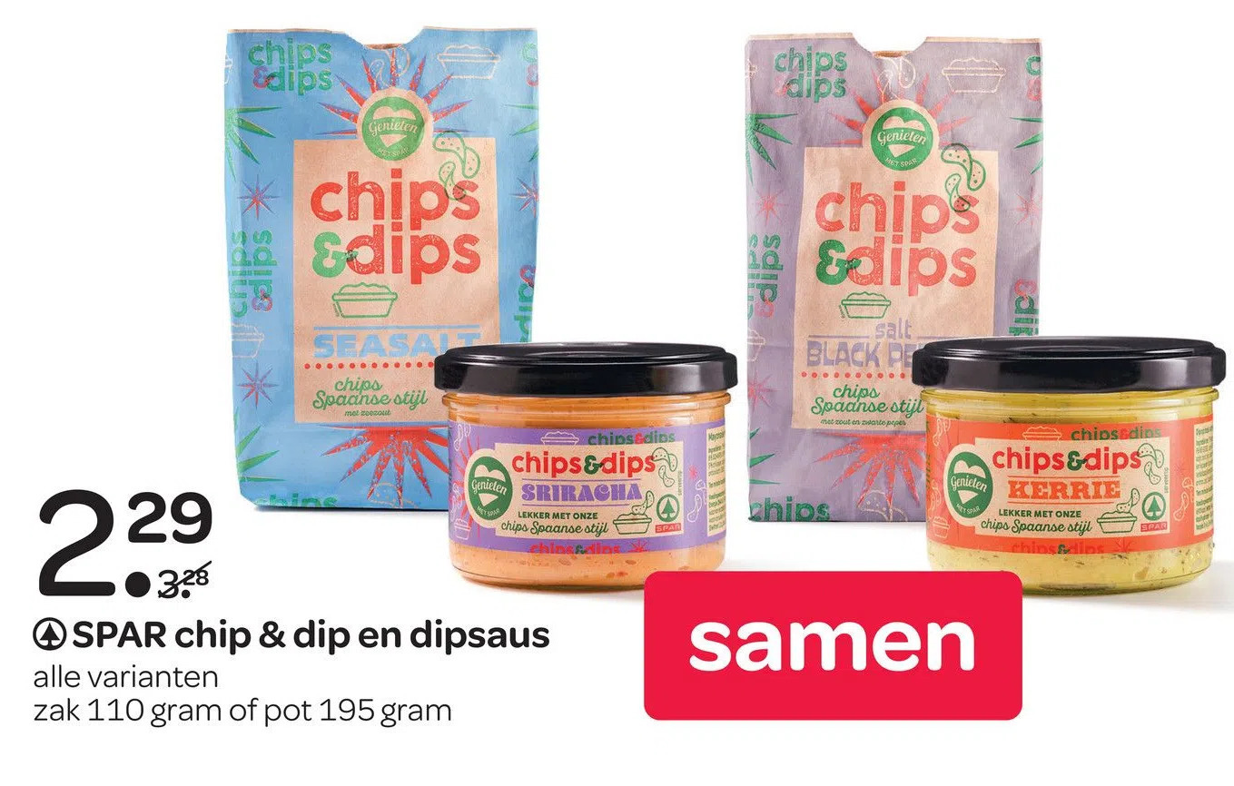 Spar chip & dip en dipsaus aanbieding bij Spar