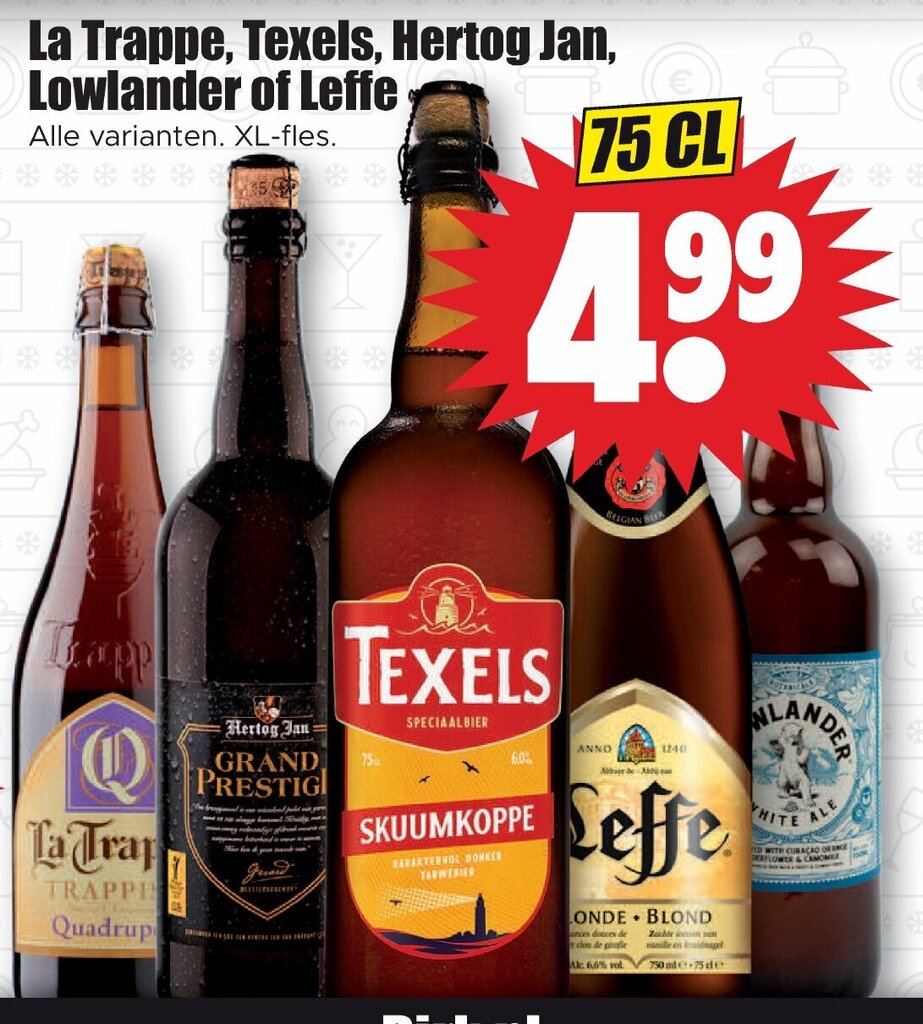 La Trappe, Texels, Hertog Jan, Lowlander of Leffe 75 cl aanbieding bij Dirk