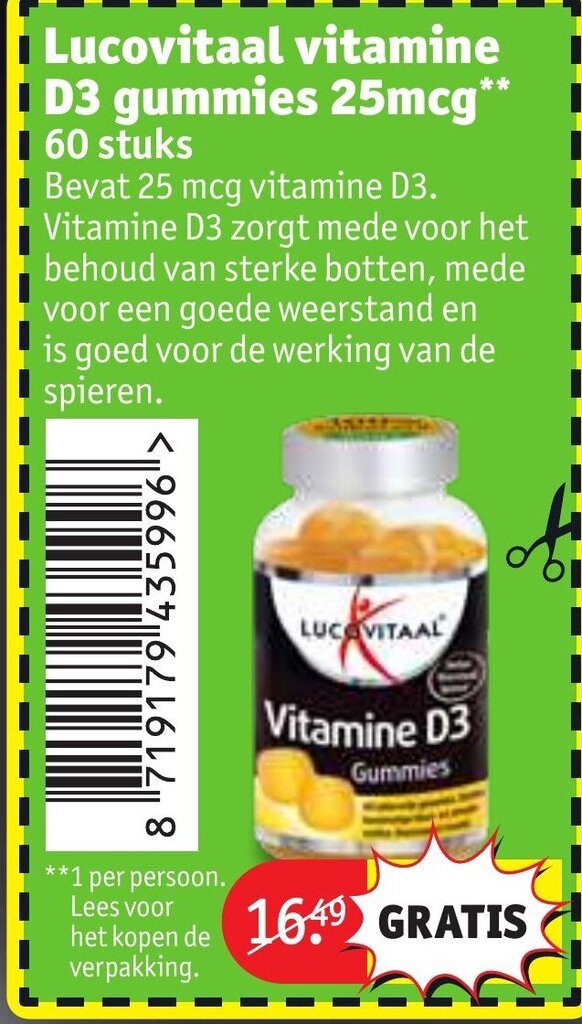 Lucovitaal vitamine D3 gummies 25mcg 60 stuks aanbieding bij Kruidvat
