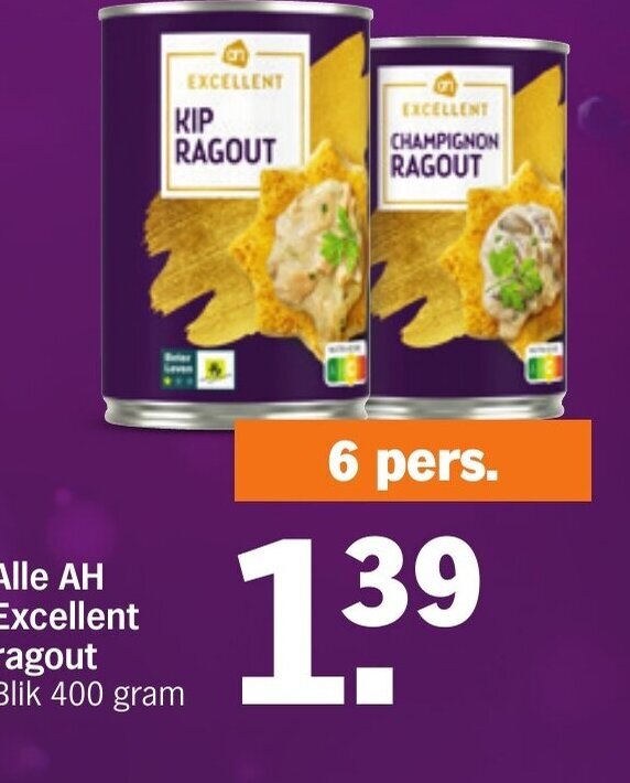 Alle AH Excellent Ragout Blik 400gram, 6 Pers. aanbieding bij Albert Heijn