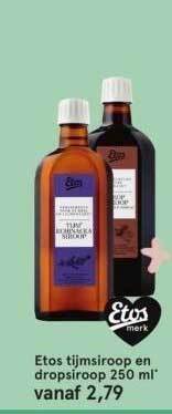 Etos tijmsiroop en dropsiroop 250 ml aanbieding bij Etos