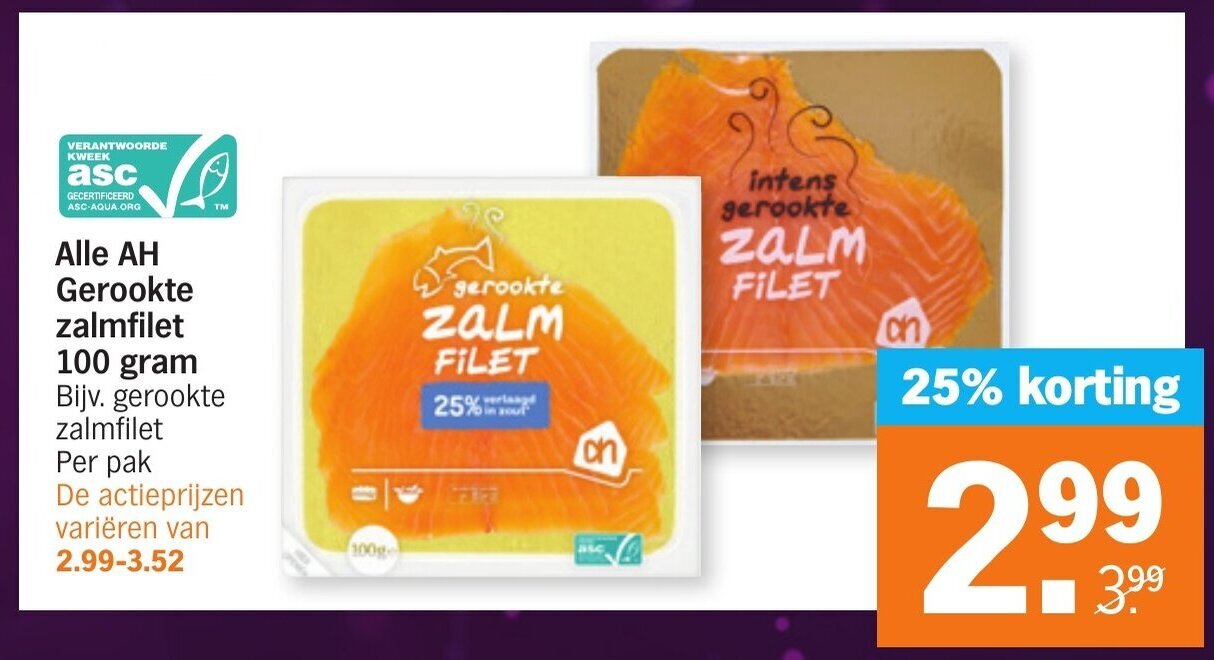 Alle AH gerookte zalmfilet 100g aanbieding bij Albert Heijn