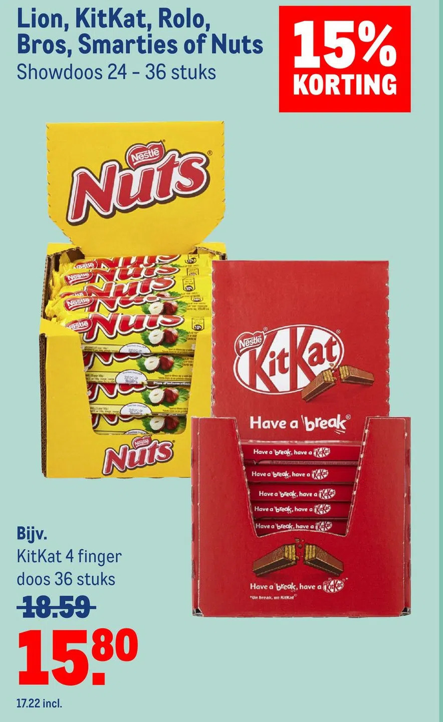 Lion, kitkat, rolo, bros, smarties of nuts aanbieding bij Makro