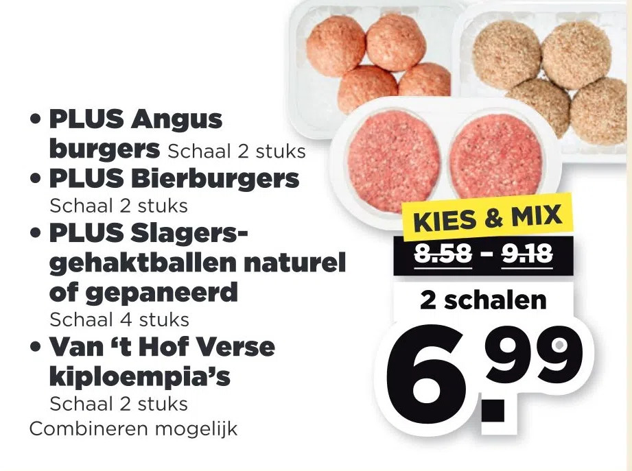 Plus angus burgers schaal, plus bierburgers, plus slagers- gehaktballen ...