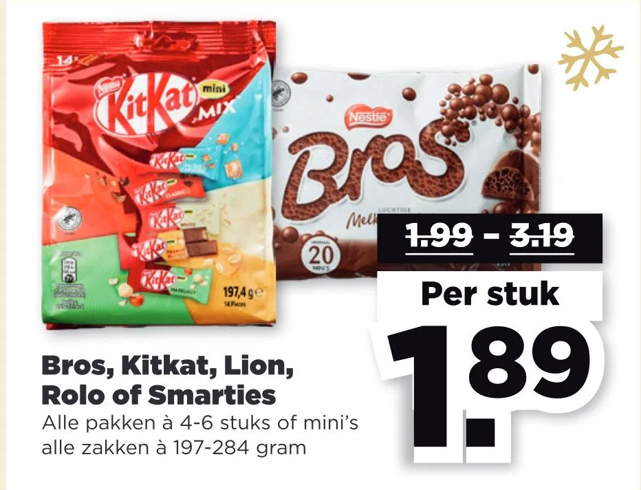 Bros, kitkat, lion, rolo of smarties aanbieding bij PLUS