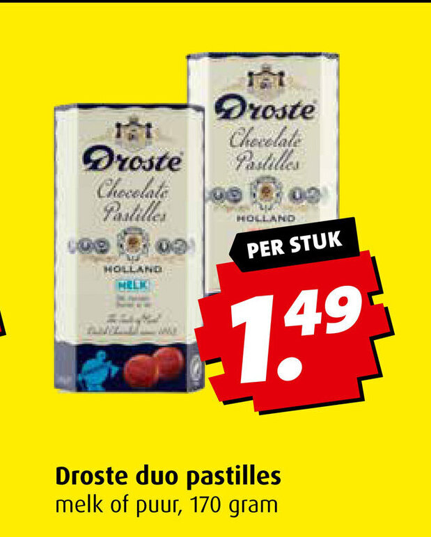 Droste duo pastilles melk of puur 170 gram per stuk aanbieding bij Boni