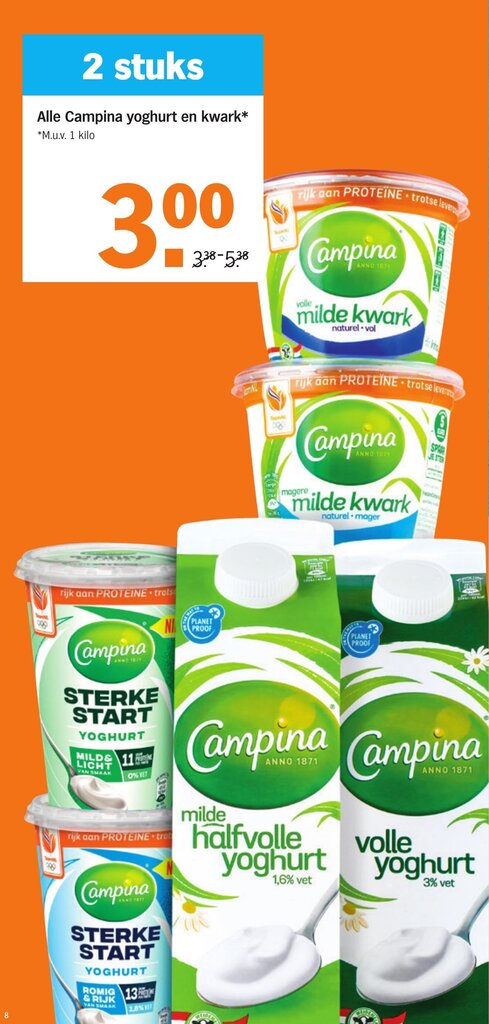 Alle Campina yoghurt en kwark 1kilo 2 stuks aanbieding bij Albert Heijn