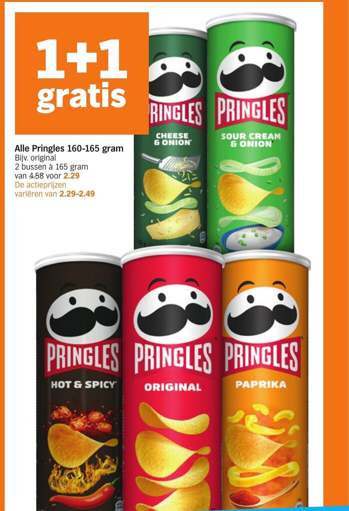 Alle Pringles 160-165 gram 1+1 gratis aanbieding bij Albert Heijn