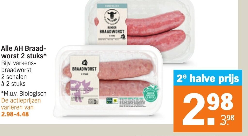 Alle AH Braad-worst 2 stuks aanbieding bij Albert Heijn