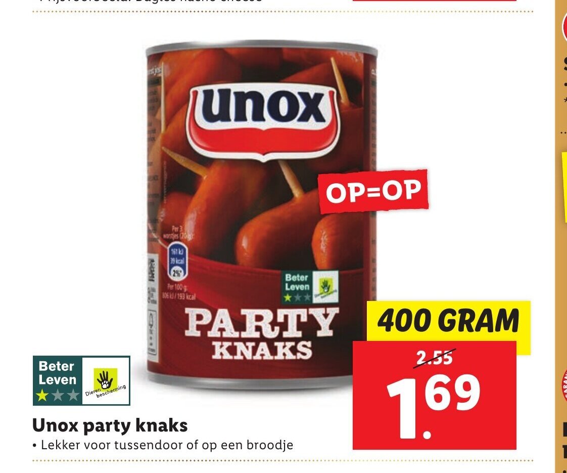 Unox party knaks 400 gram aanbieding bij Lidl
