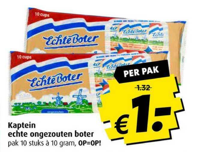 Kaptein echte ongezouten boter 10 gram aanbieding bij Boni