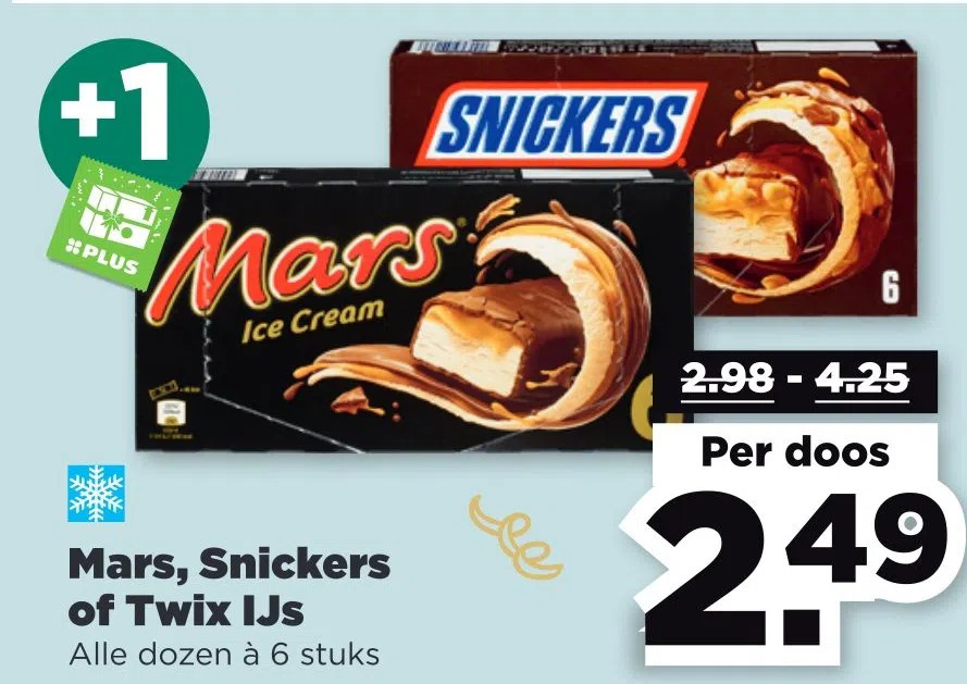 Mars, snickers of twix ijs aanbieding bij PLUS
