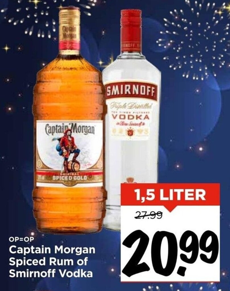 Captain Morgan Spiced Rum of Smirnoff Vodka 1,5 liter aanbieding bij ...