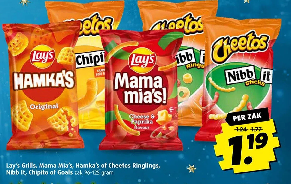 Lay's grills, mama mia's, hamka's of cheetos ringlings, nibb it ...