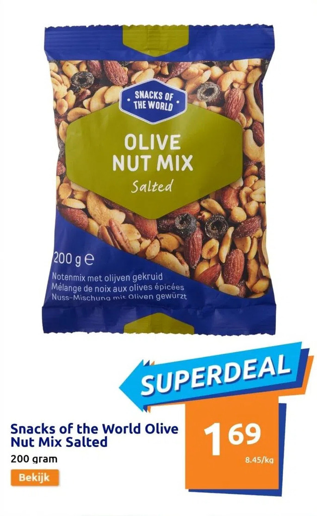 Snacks of the world olive nut mix salted aanbieding bij Action