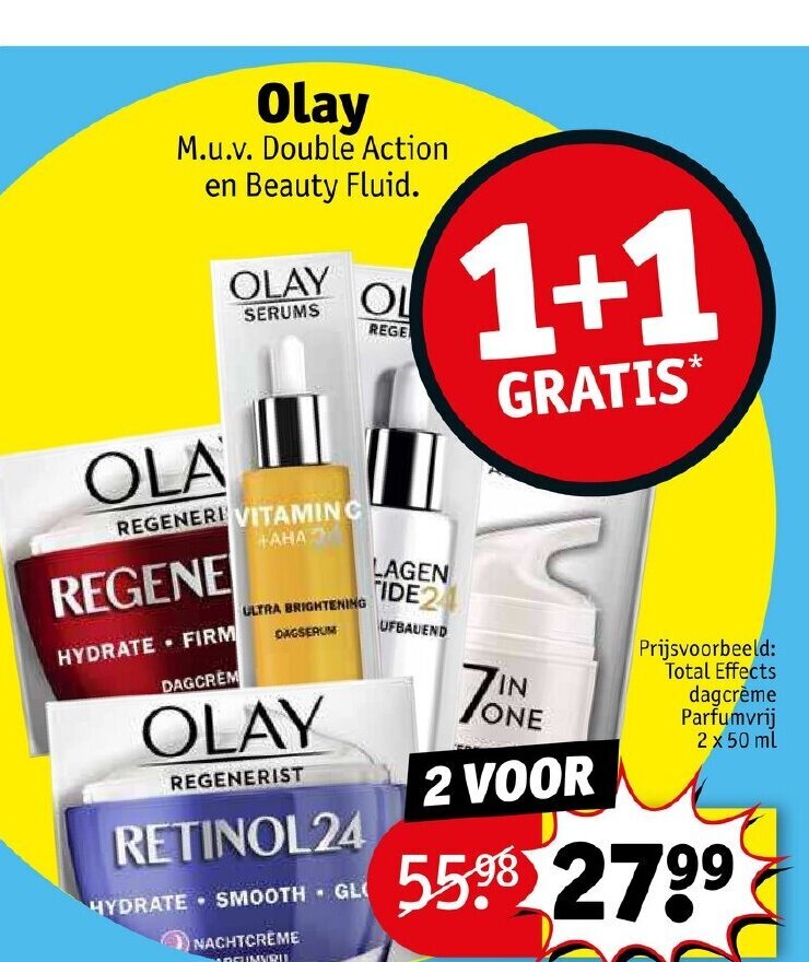 Olay double action en beauty fluid 50ml 1+1 gratis aanbieding bij Kruidvat