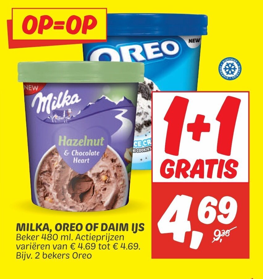Milka, oreo of daim ijs 480ml 1+1 gratis aanbieding bij Dekamarkt