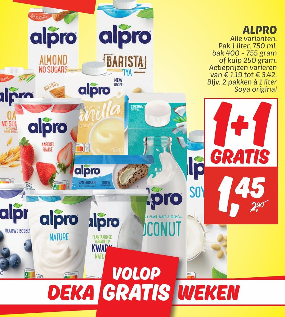 Alpro 750ml 1+1 gratis aanbieding bij Dekamarkt