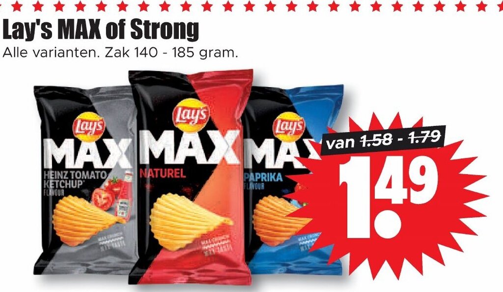 Lay's MAX of Strong 140-185 gram aanbieding bij Dirk