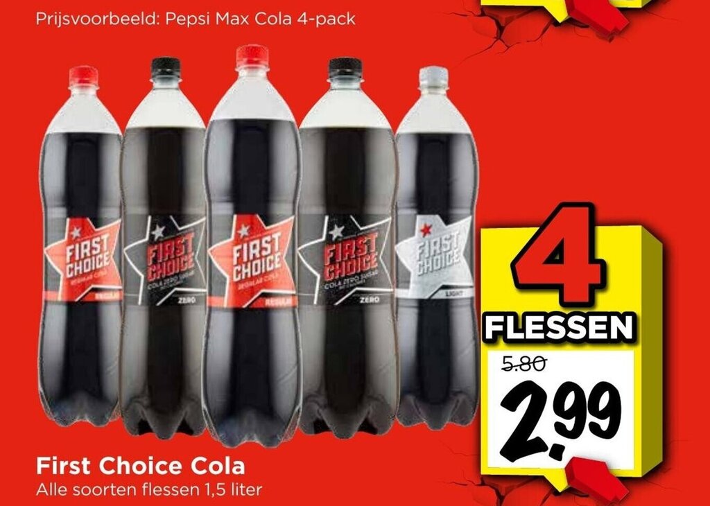 First Choice Cola 1,5 liter 4 flessen aanbieding bij Vomar Voordeelmarkt