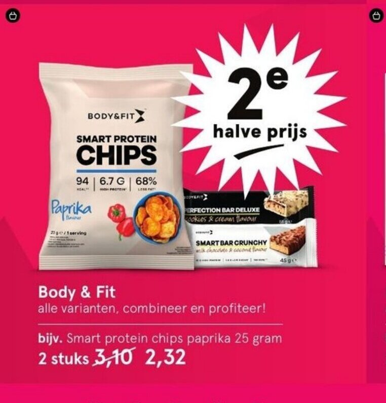Body & Fit Smart protein chips paprika 25 gram 2 stuks aanbieding bij Etos