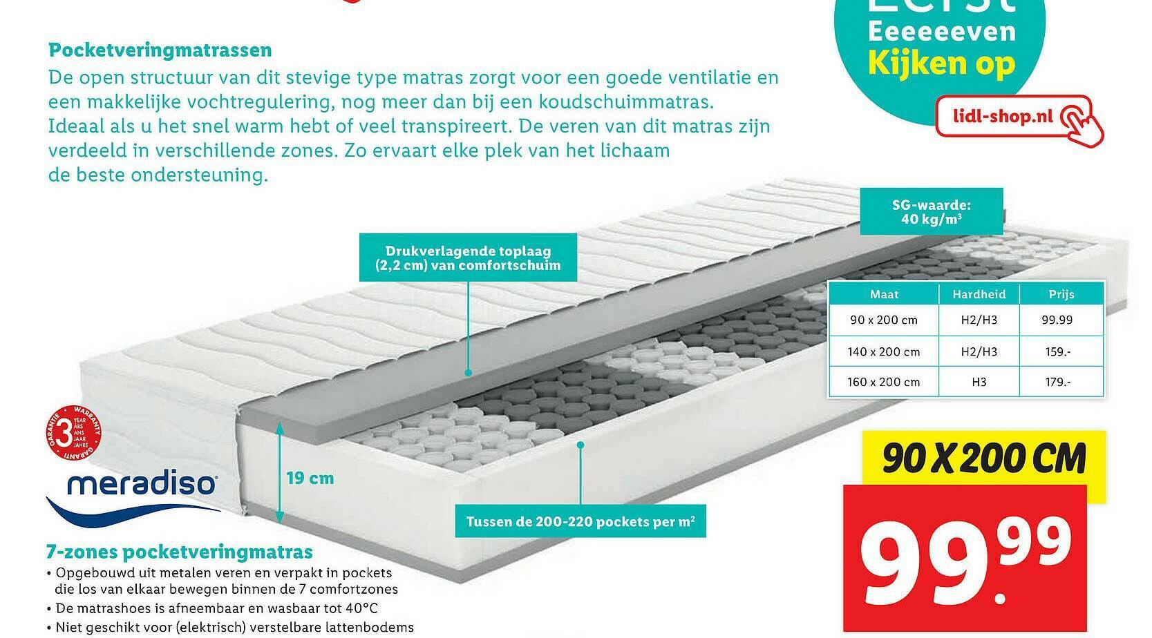 7-Zones Pocketveringmatras 90x200 Cm aanbieding bij Lidl