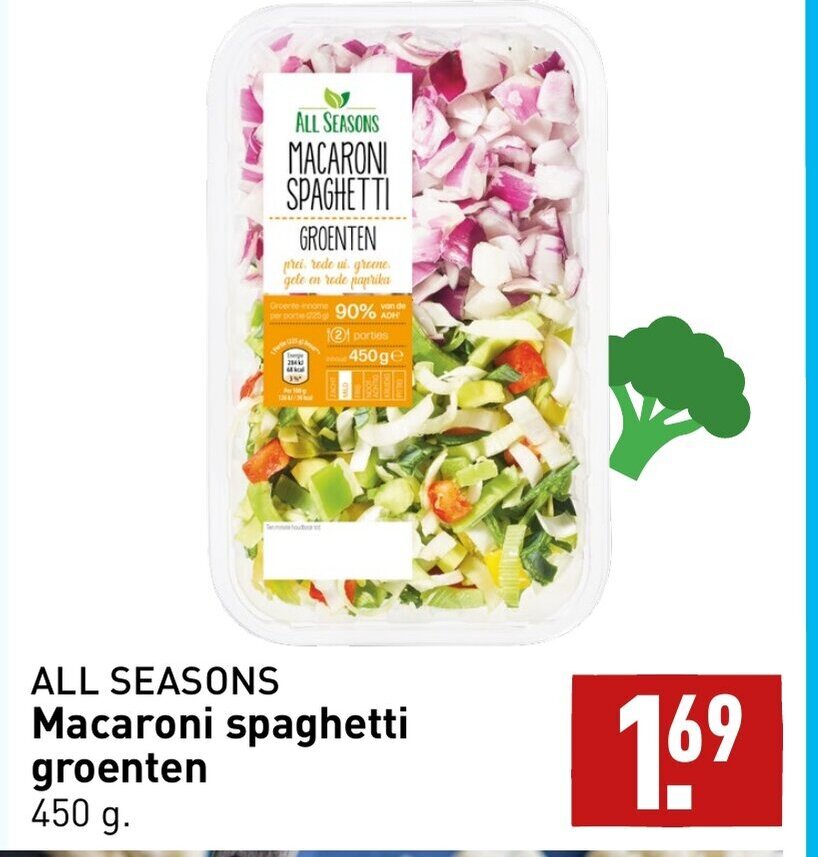 All Seasons Macaroni spaghetti groenten 450 gram aanbieding bij ALDI