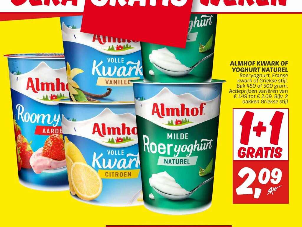 Almhof Kwark Of Yoghurt Naturel 1+1 Gratis aanbieding bij Dekamarkt