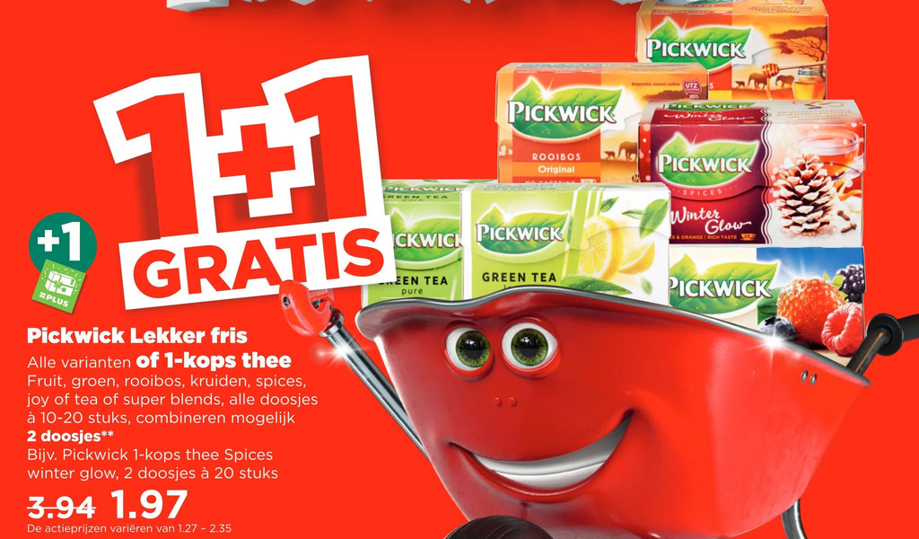 Pickwick lekker fris alle varianten of 1-kops thee 1+1 GRATIS ...