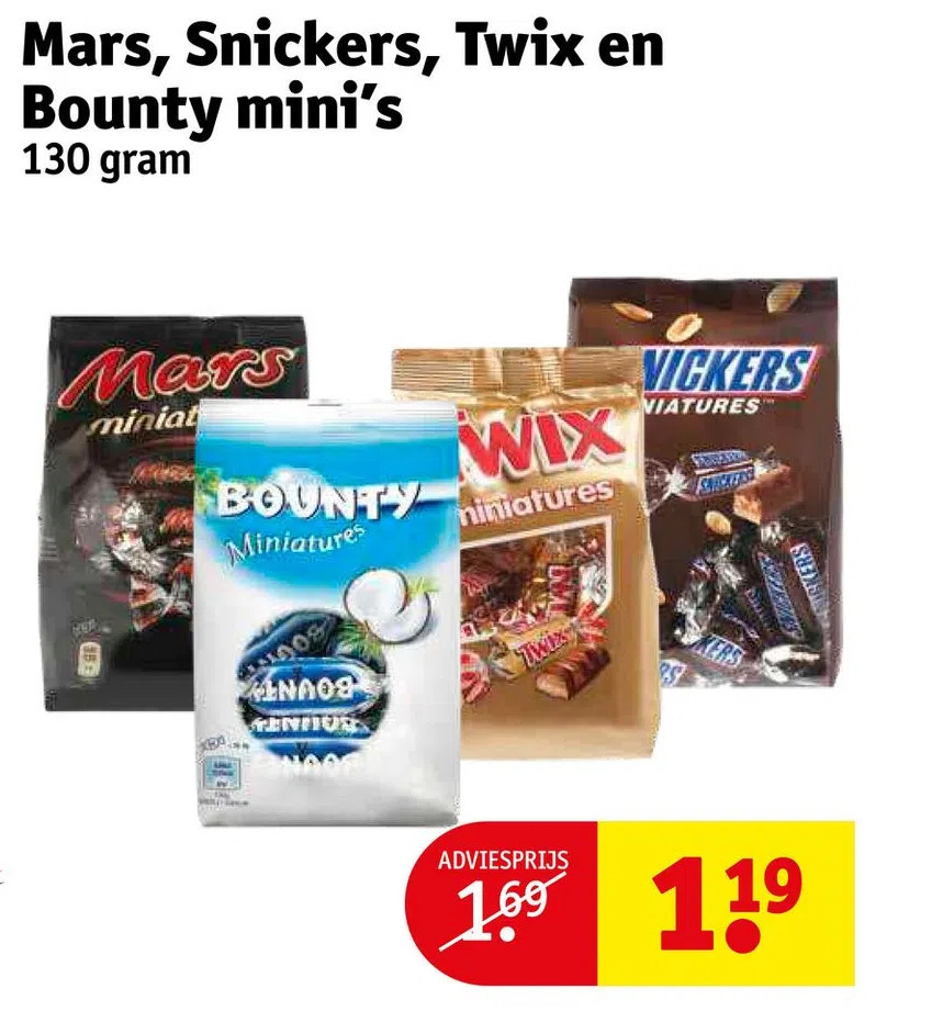 Mars, snickers, twix en bounty mini's aanbieding bij Kruidvat