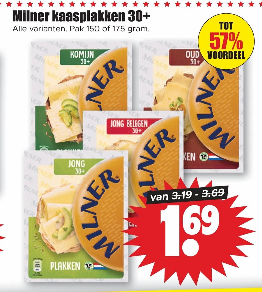Milner kaasplakken 30+ Pak 150 of 175 gram aanbieding bij Dirk