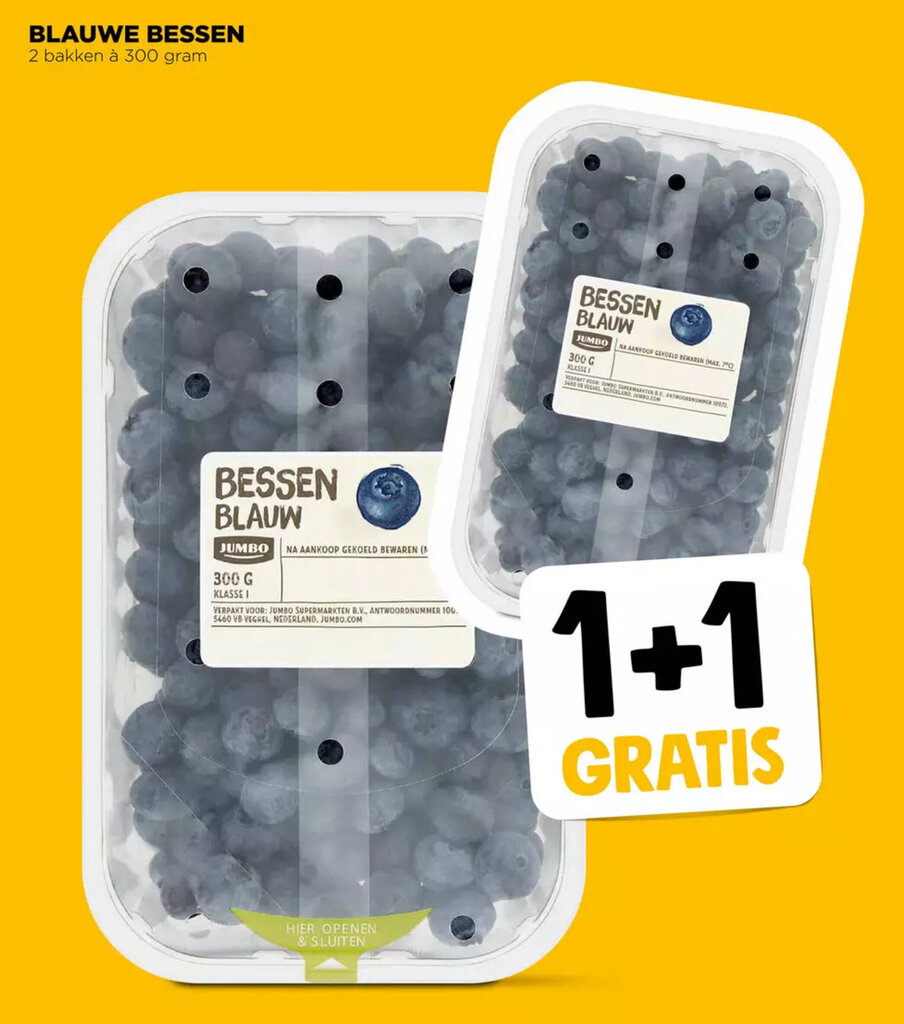Blauwe bessen 300g 1+1 gratis aanbieding bij Jumbo