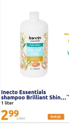 Inecto essentials shampoo brilliant shine pure argan aanbieding bij Action