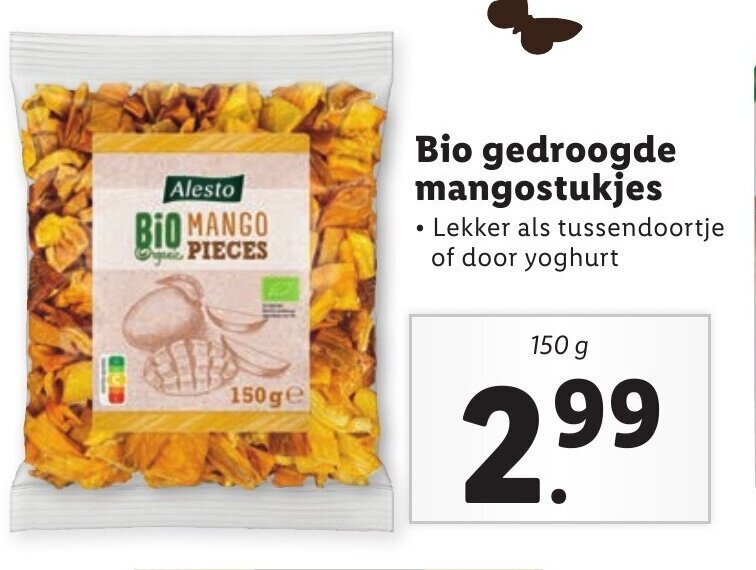 Bio gedroogde mangostukjes 150 gram aanbieding bij Lidl